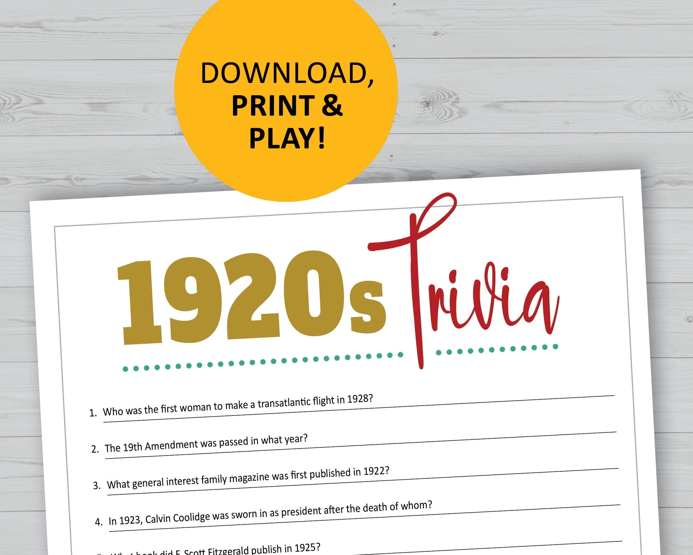 1920s Trivia Game, 20s History, Pop Culture Printable Games, Instant ...