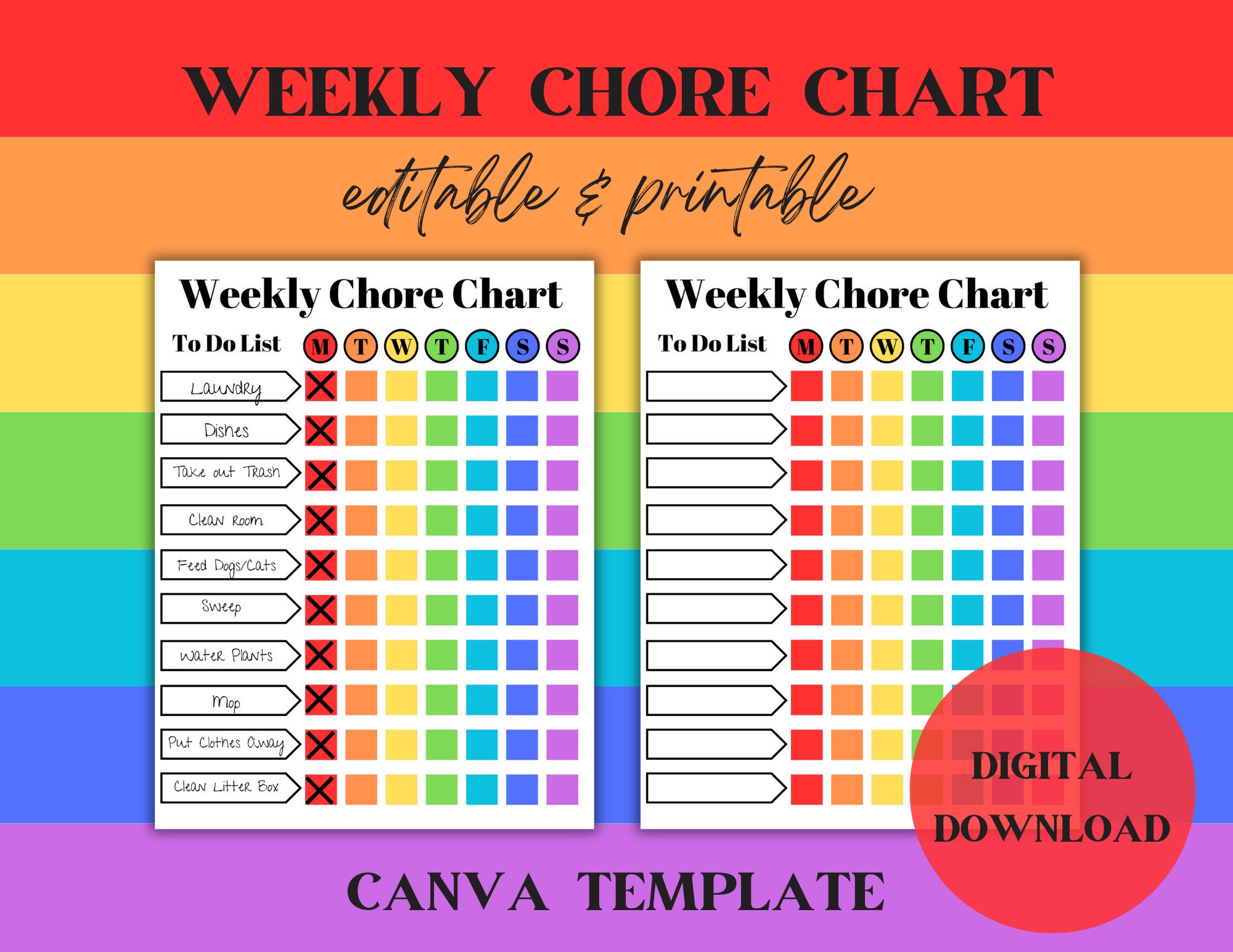 Rainbow Chore Chart for Kids, Weekly Chore List, Colorful Chart ...
