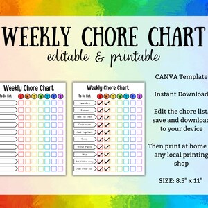 Weekly Chore Chart for Kids, Cleaning to Do List, Rainbow Chart, Home ...