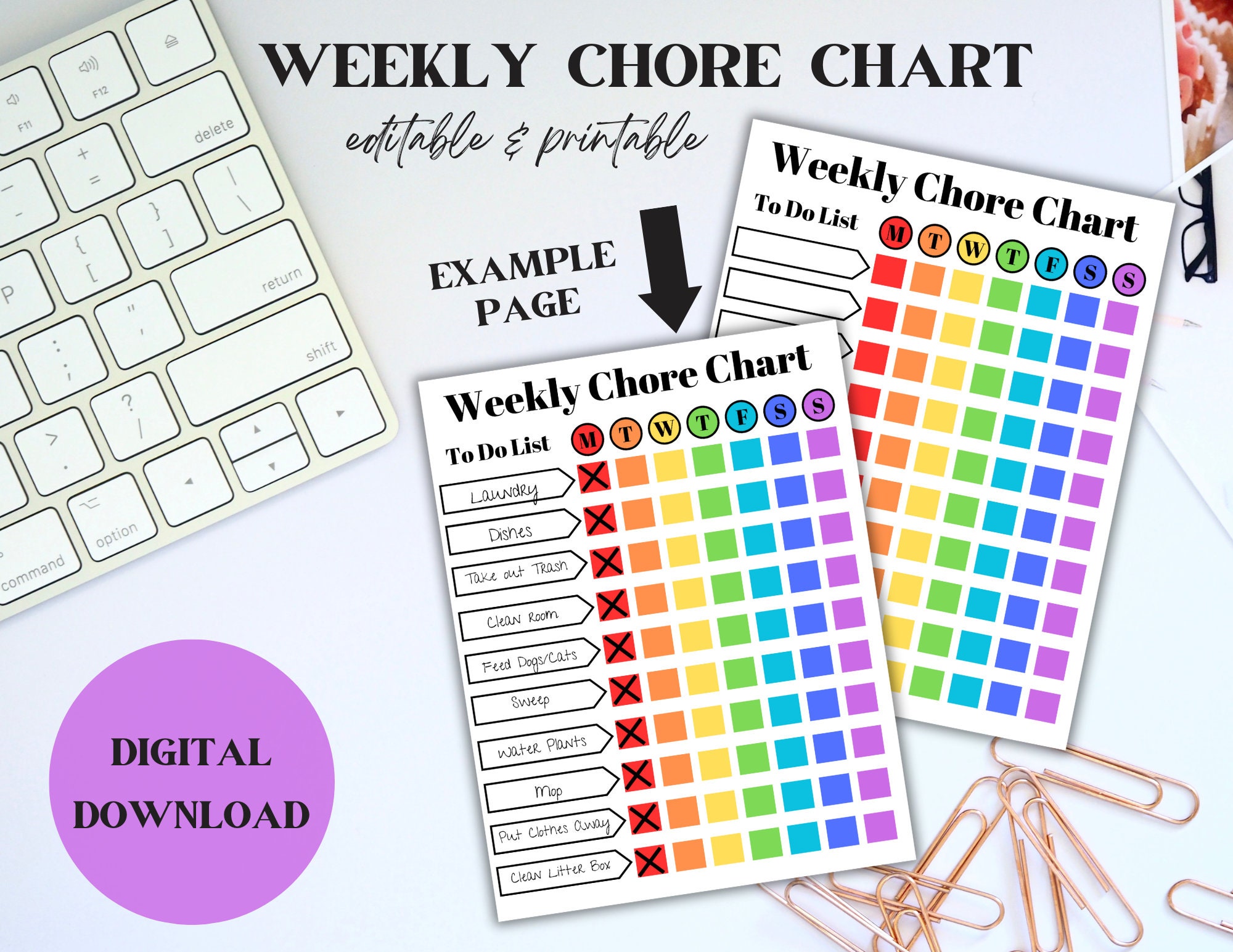 Rainbow Chore Chart for Kids, Weekly Chore List, Colorful Chart ...