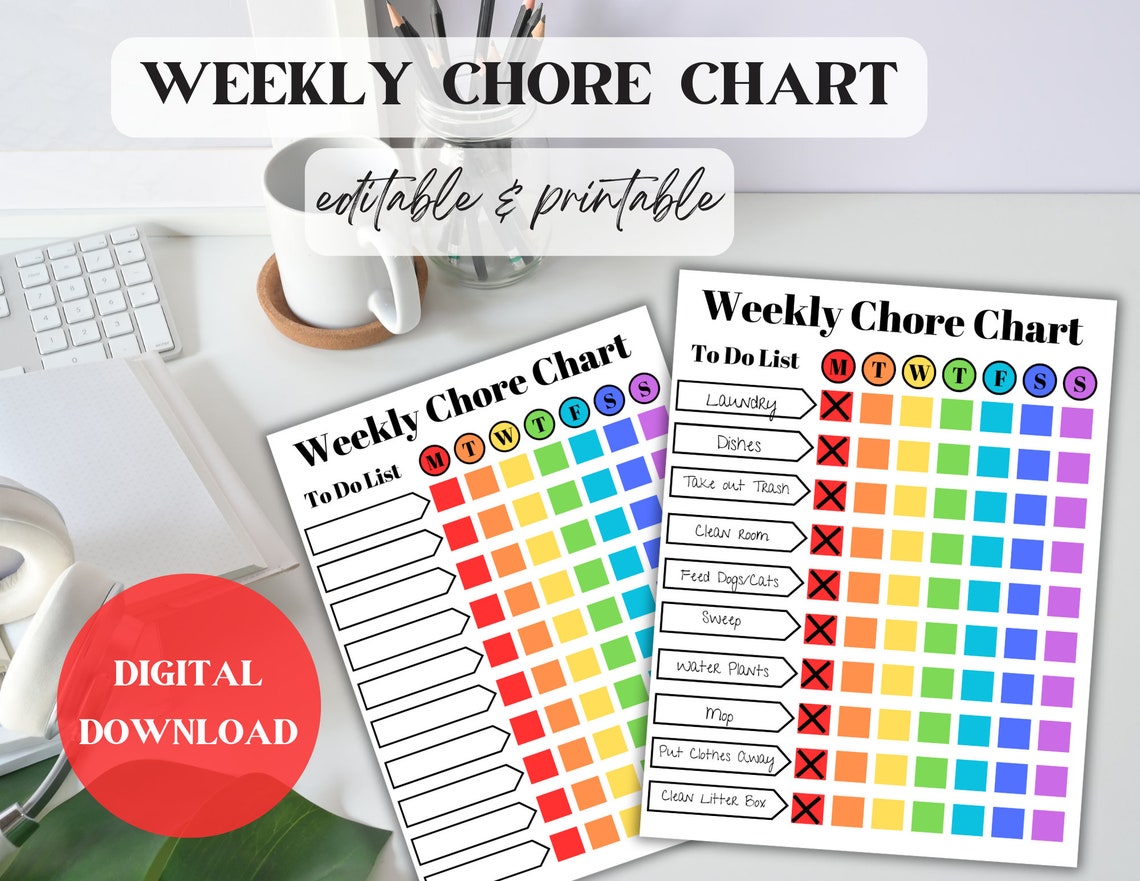 Rainbow Chore Chart for Kids, Weekly Chore List, Colorful Chart ...