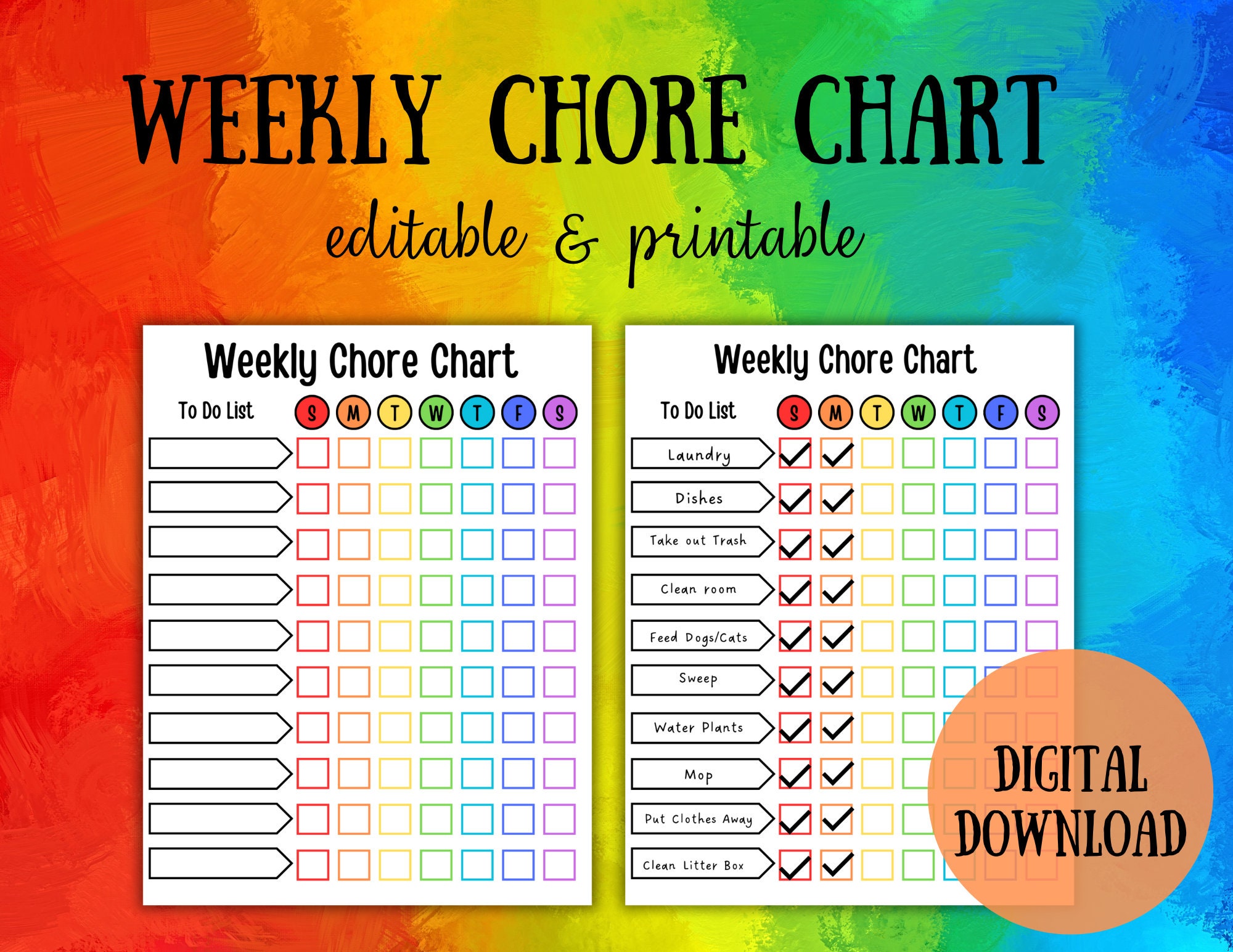Weekly Chore Chart for Kids, Cleaning to Do List, Rainbow Chart, Home ...