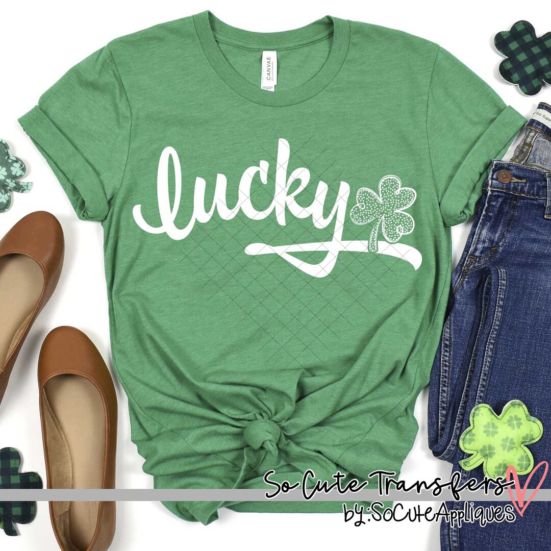 Lucky Script With Clover at End WHITE Screen Print Transfer, T-shirt ...