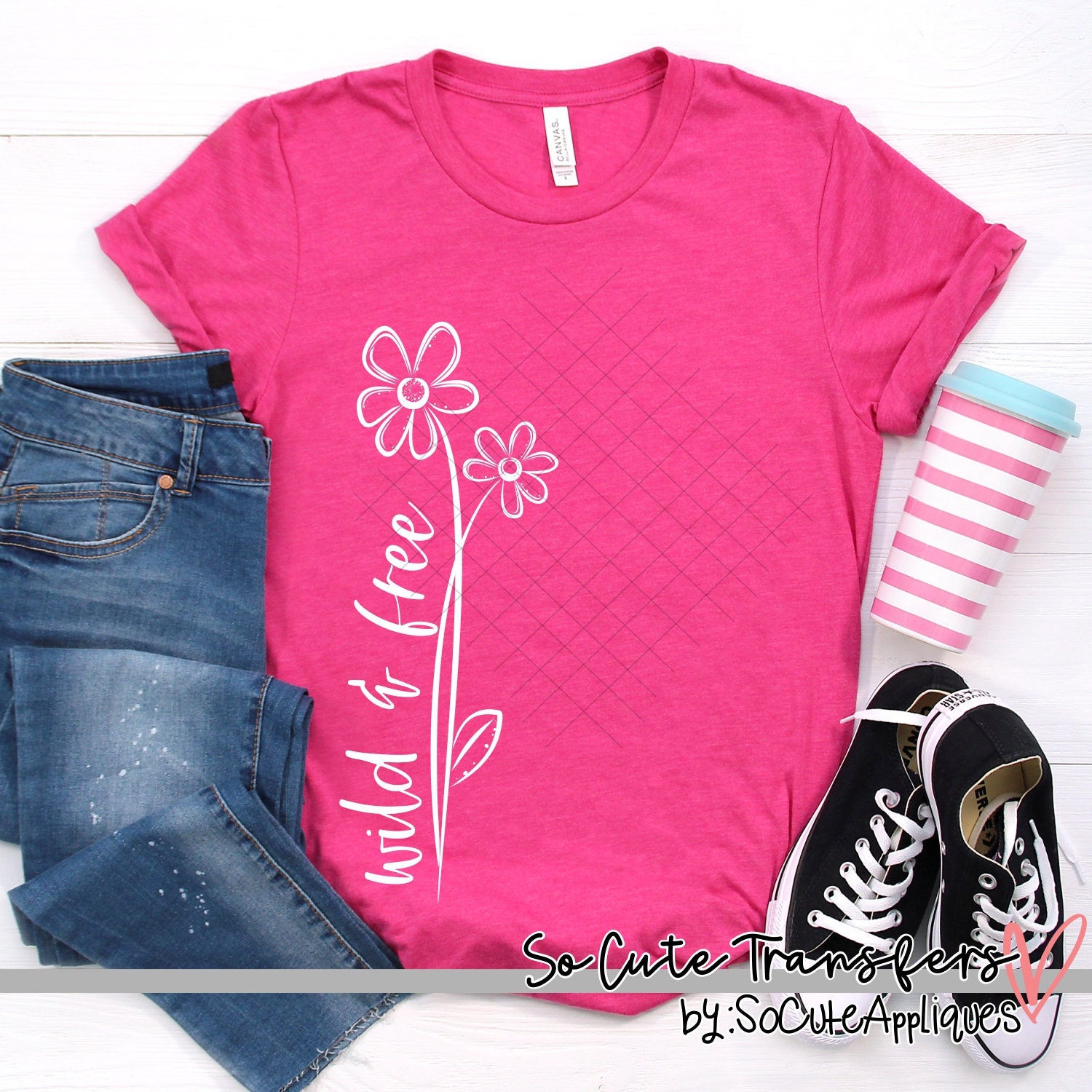 Wild & Free WHITE Flower Screen Print Transfer, T-shirt Transfer--not a ...