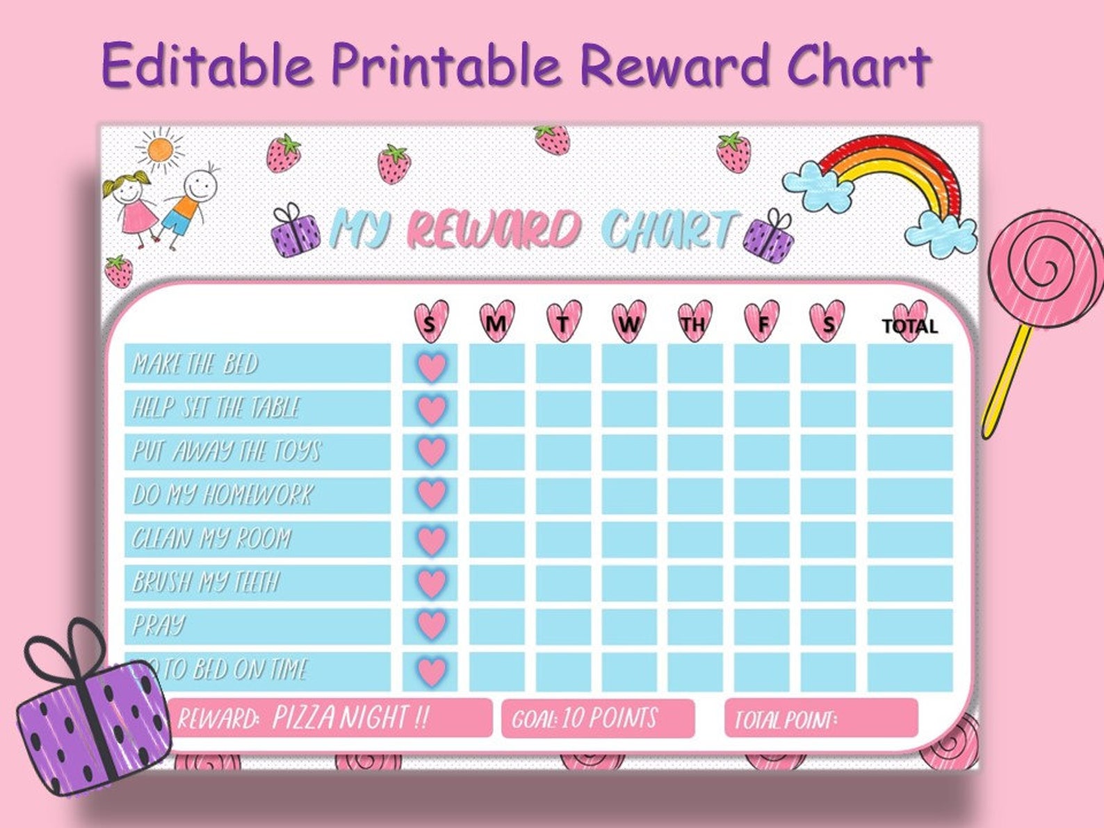 Printable Reward Chart for Kids Chore Chart for Girls, Rainbow Color ...