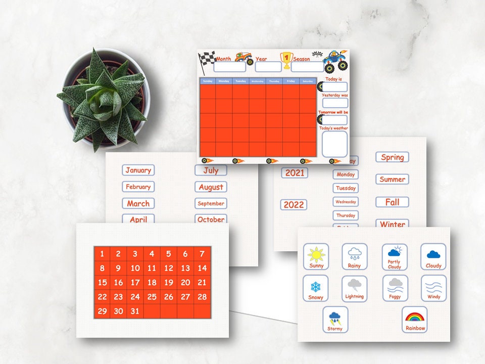 Kids Calendar Printable Classroom Calendar Monster Truck Theme Kids ...