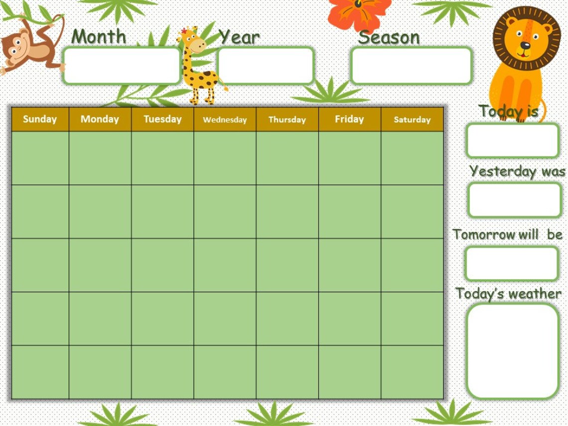 Kids Calendar Printable Classroom Calendar Board Jungle Theme Kids ...