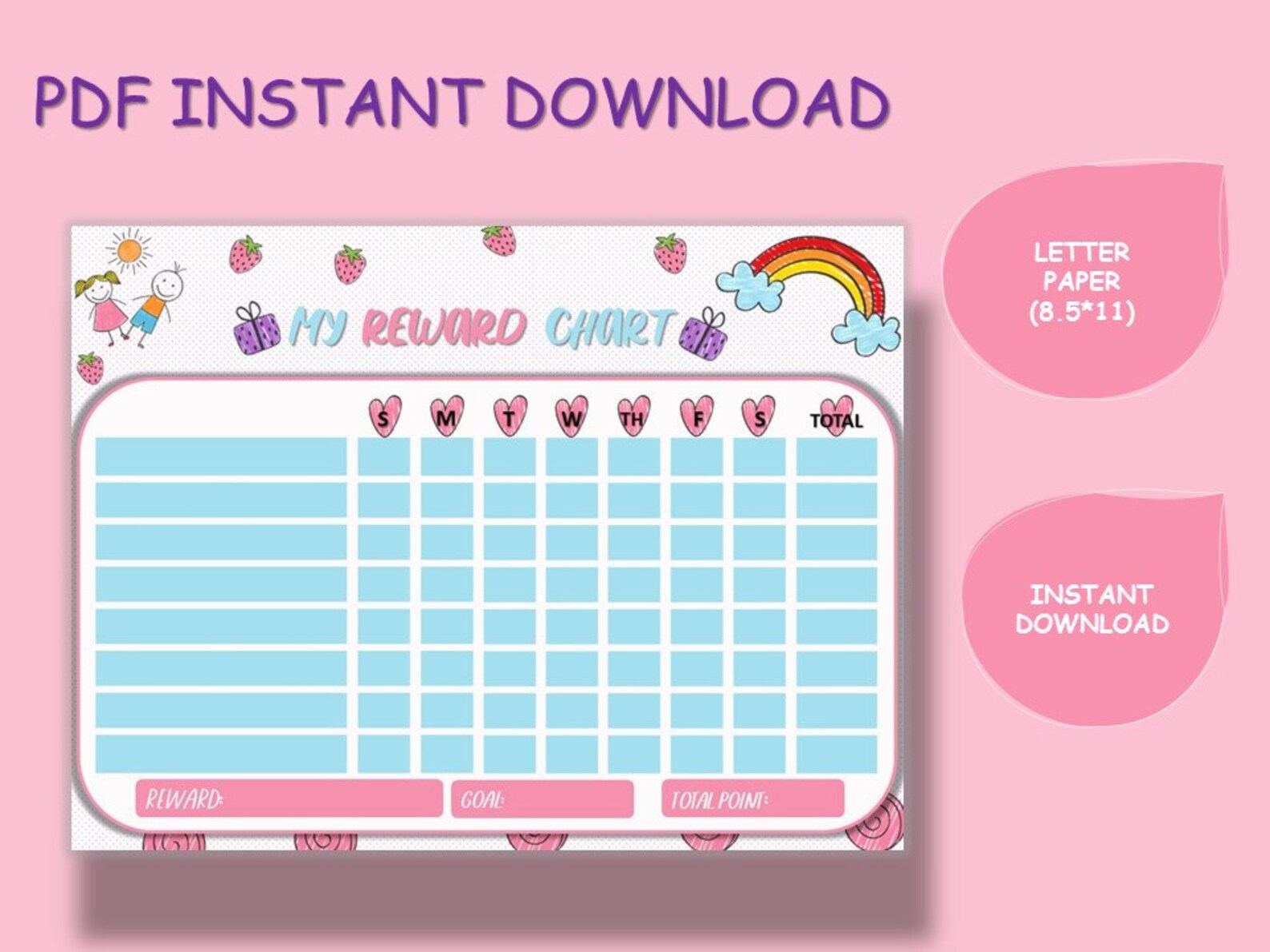 Printable Reward Chart for Kids Chore Chart for Girls, Rainbow Color ...