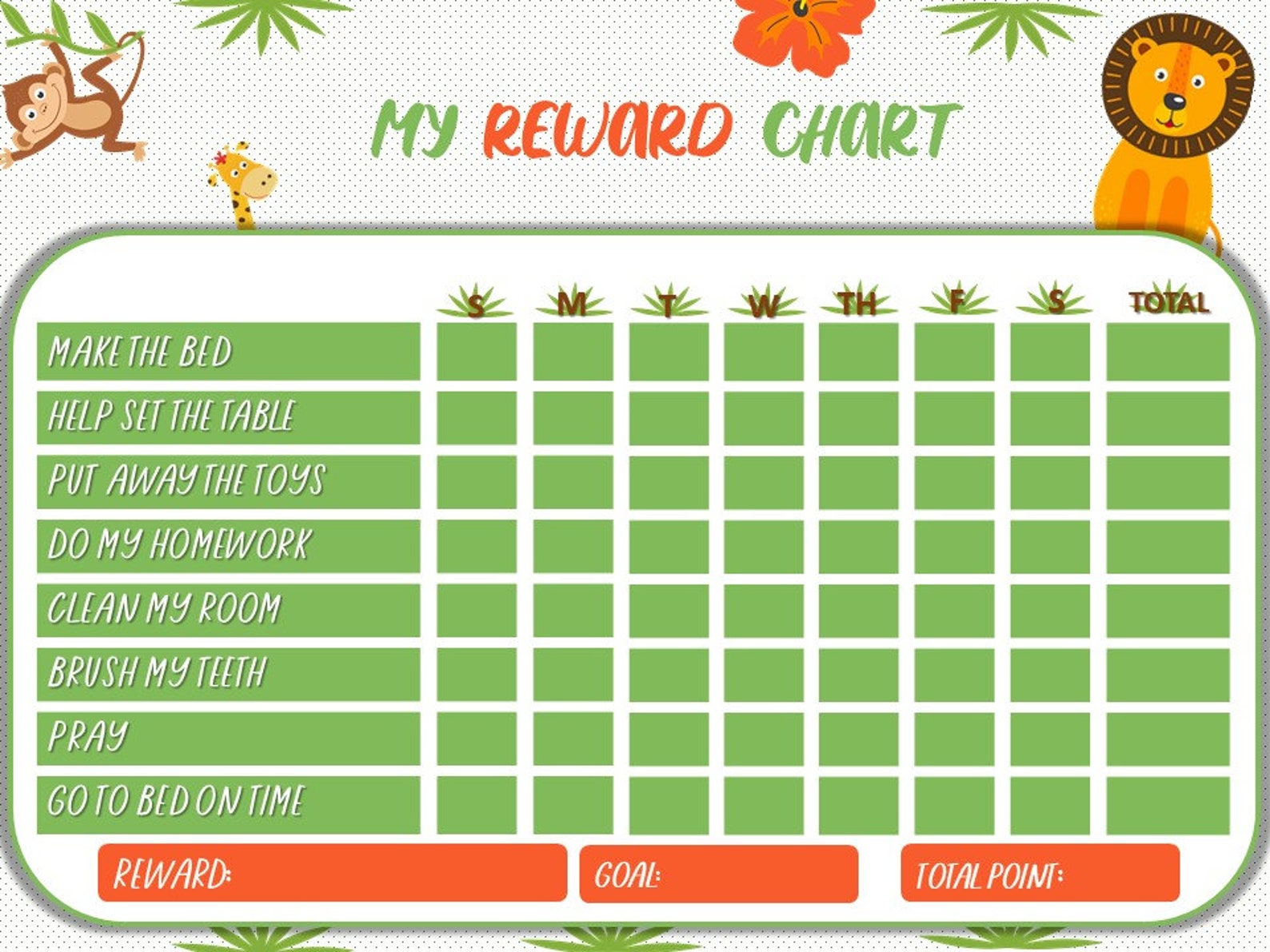 Editable Jungle Animals Printable Reward Chart for Kids Chore Chart for ...