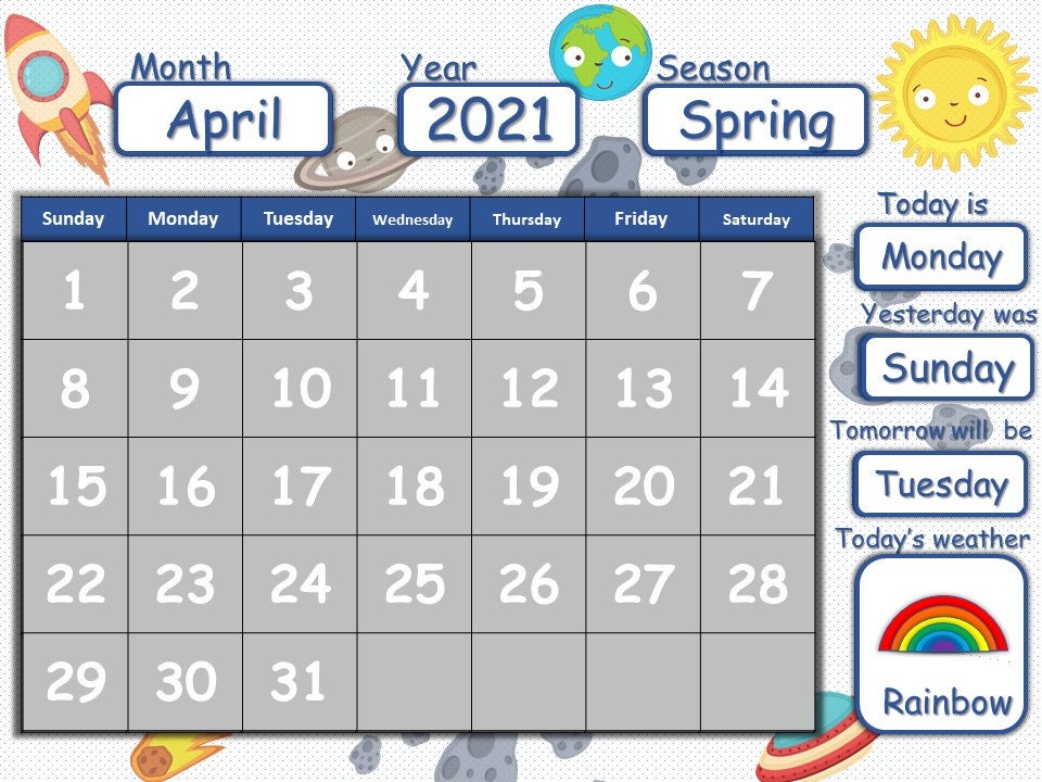 Kids Calendar Printable Classroom Calendar Board Solar System Kids ...