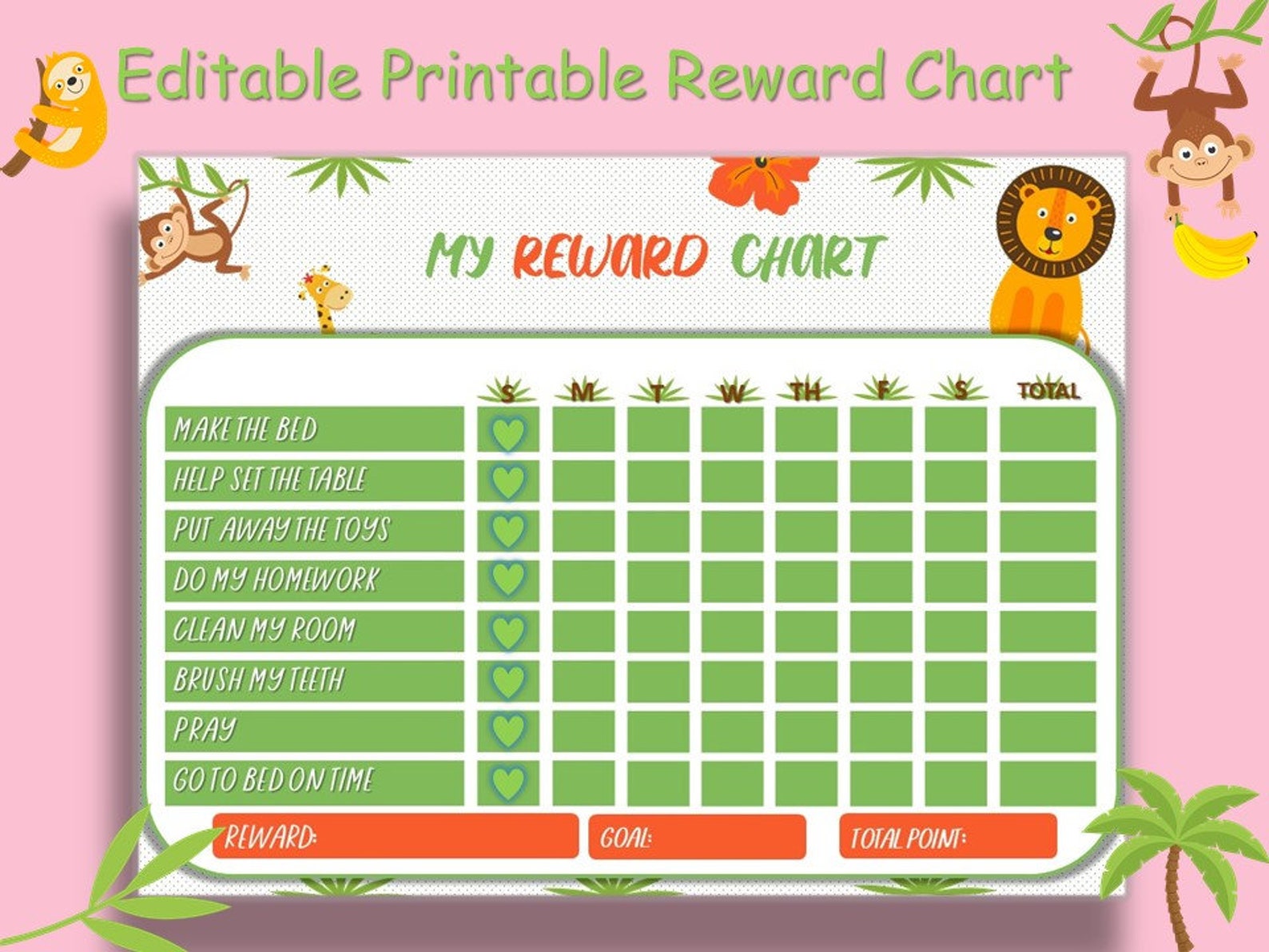 Editable Jungle Animals Printable Reward Chart for Kids Chore Chart for ...