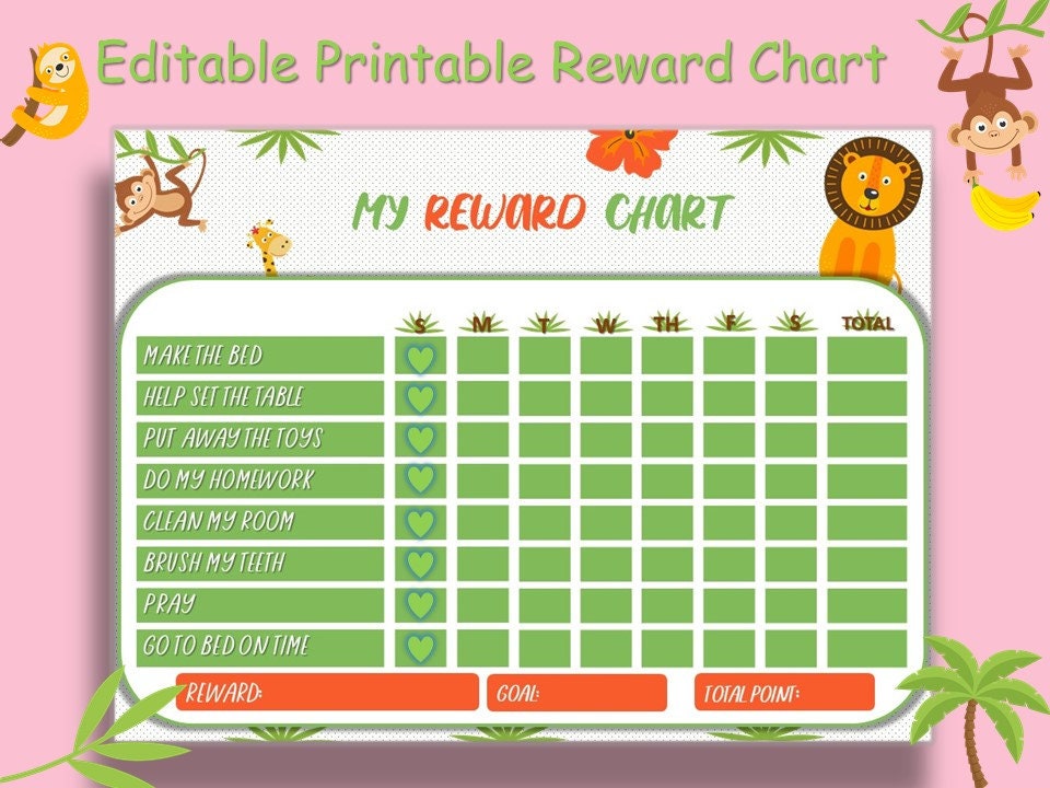 Editable Jungle Animals Printable Reward Chart for Kids Chore Chart for ...