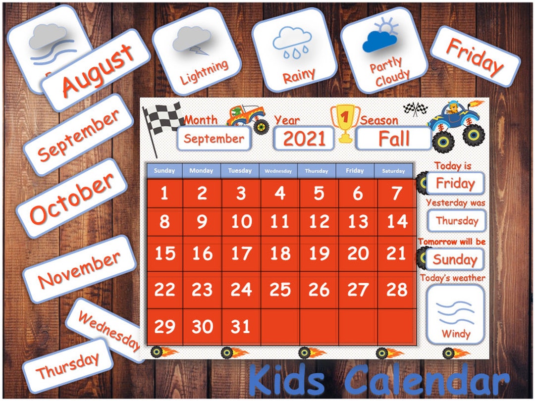 Kids Calendar Printable Classroom Calendar Monster Truck Theme Kids ...