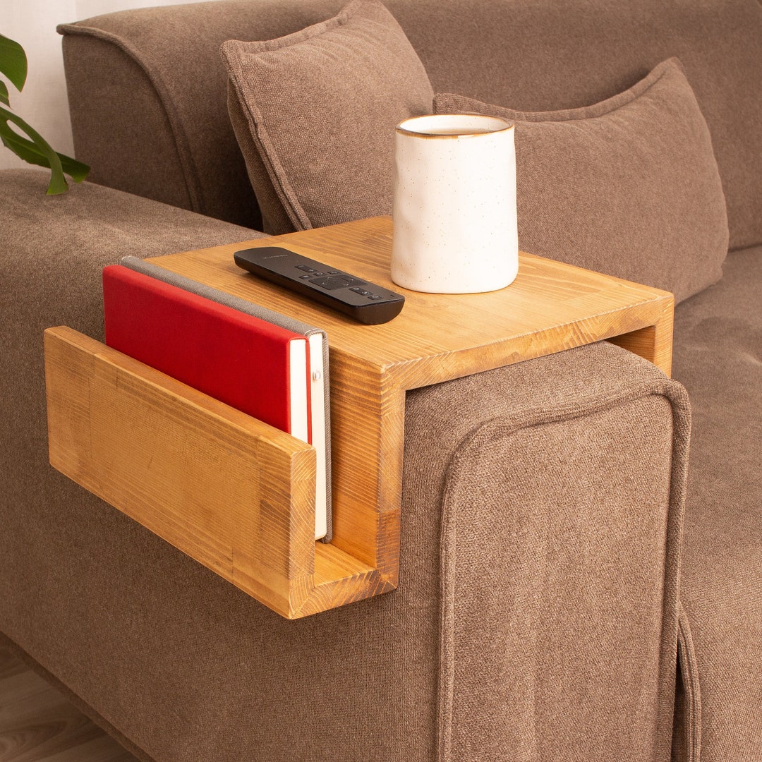 Sofa Arm Rest Table With Magazine Stand, Modern Wood Armrest Table ...