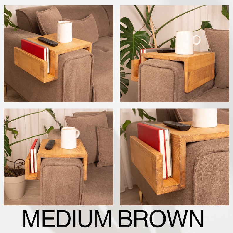 Sofa Arm Rest Table With Magazine Stand, Modern Wood Armrest Table ...