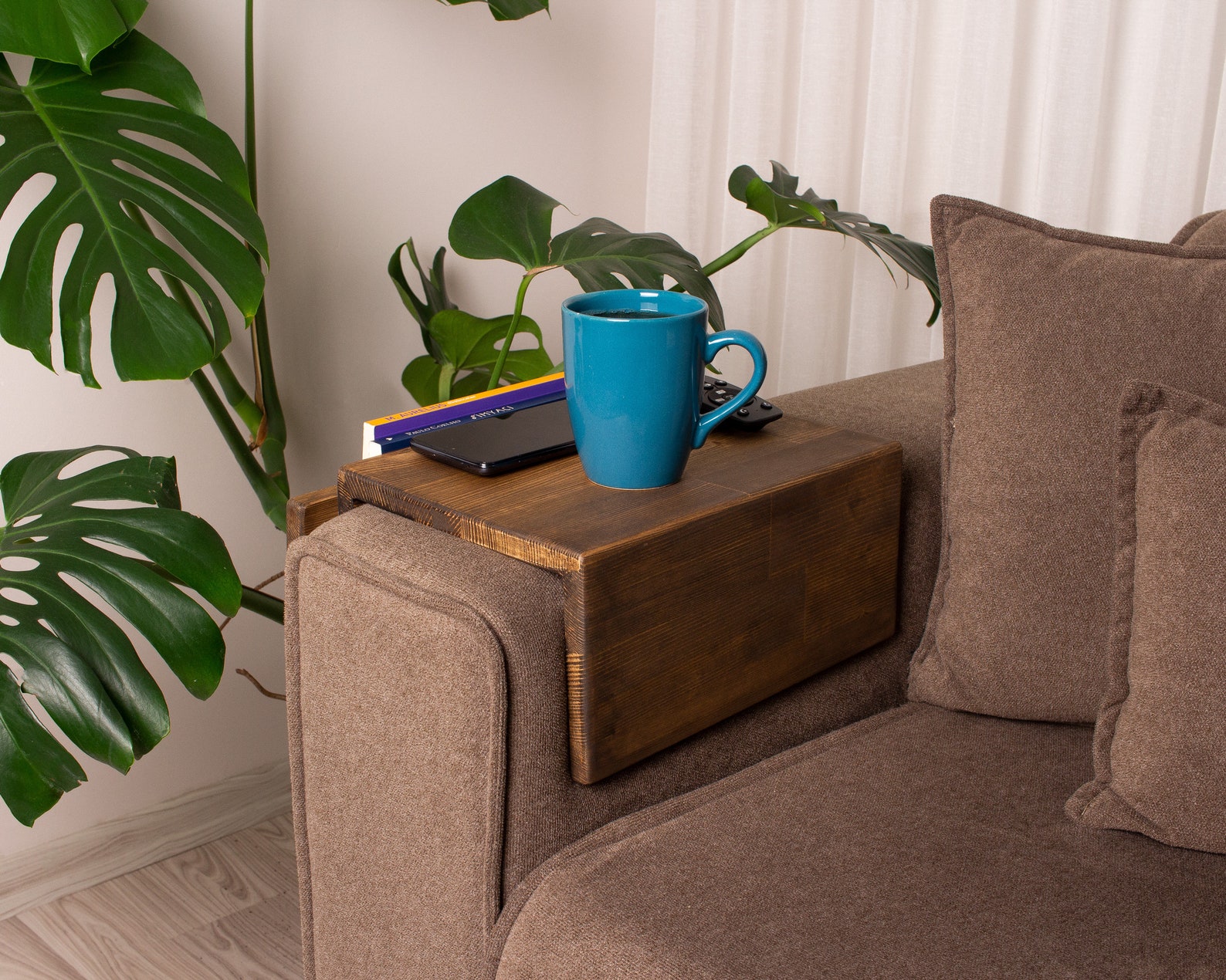 Couch Arm Rest Table With Magazine Stand, Modern Wood Armrest Table ...