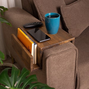 Couch Arm Rest Table With Magazine Stand, Modern Wood Armrest Table ...