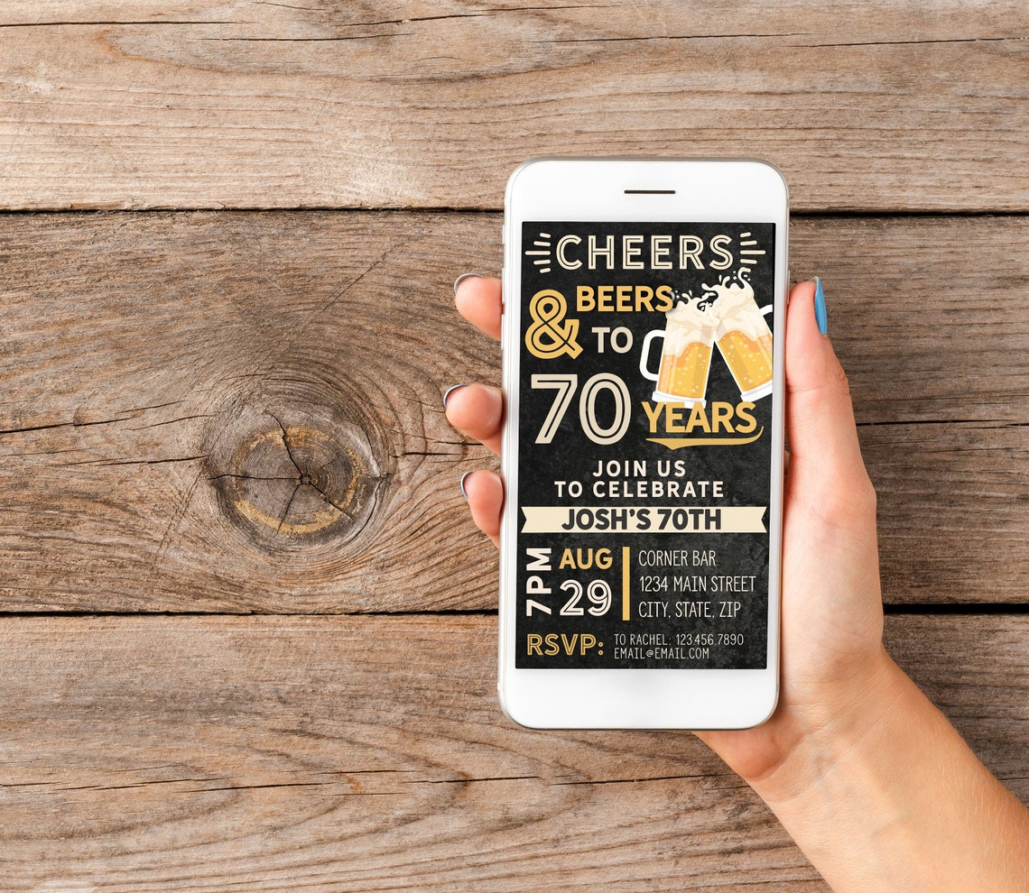 Cheers And Beers To 70 Years Cheers Birthday Invitation 70th Etsy