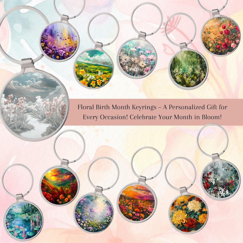 Birth Flowers/ Metal Keyring/ Round Keyrings/ Zodiac Flower Keyring ...