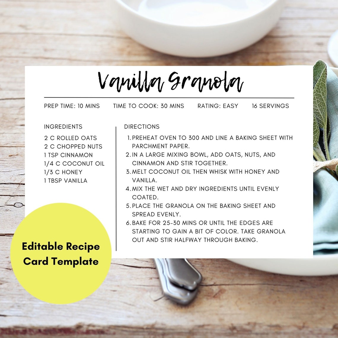 Recipe Card Template, Editable, Minimalist Recipe Card, Simple Recipe ...