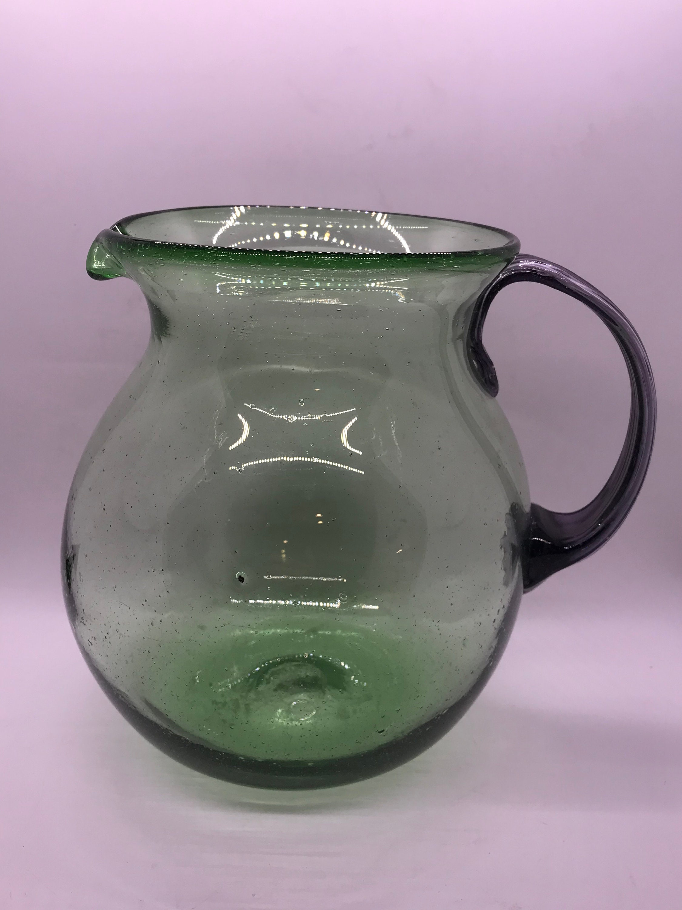 Bulbous Water Pitcher Hand Blown Clear Green With Purple | Etsy