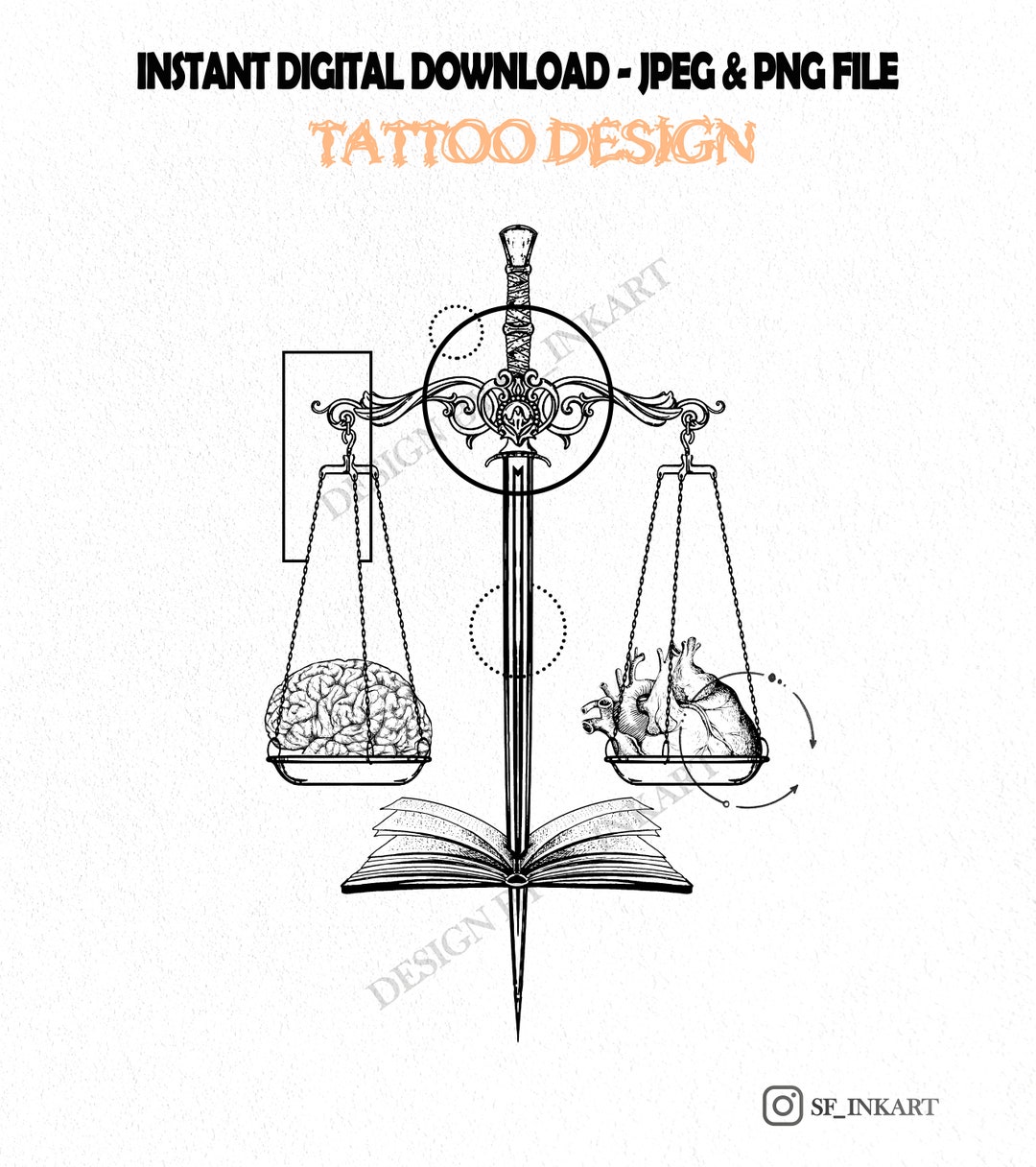 Balance Scale Heart and Brains Book and Sword Tattoo - Etsy