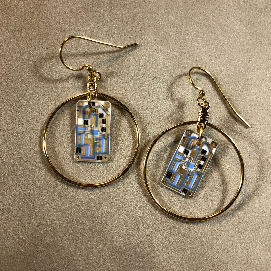 Circuit Board Earrings - Techie Gift - Gold and Blue Computer Earrings ...