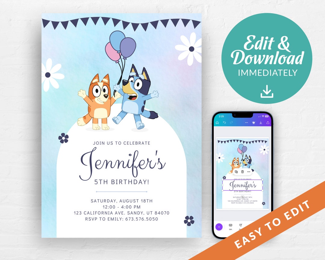 FREE CUSTOM EDIT Bluey Invitation. Girls birthday party instant ...