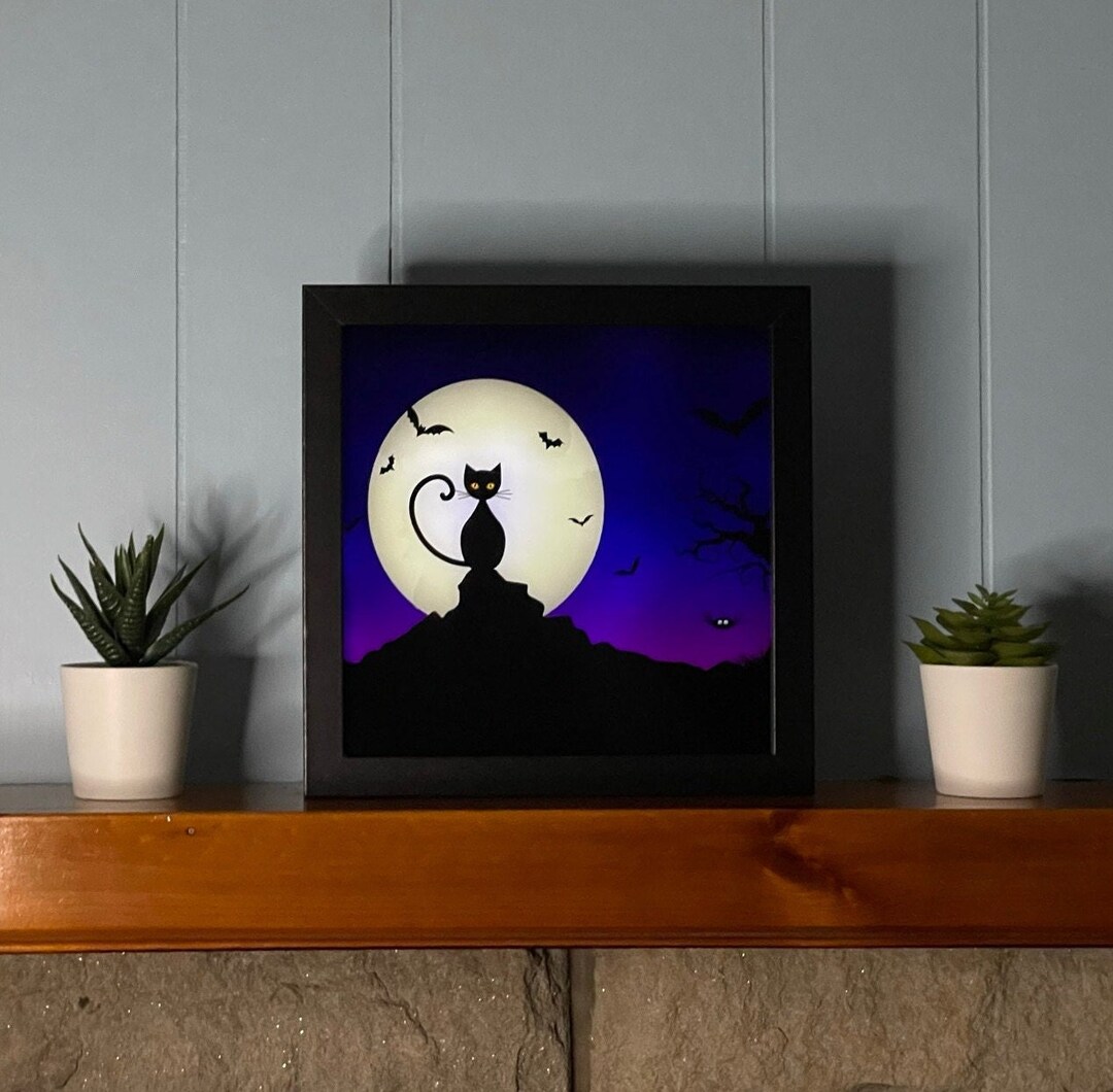 Black Cat Halloween Shadow Box: Light up Spooky Decor - Etsy