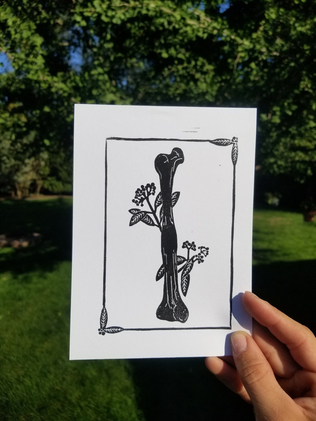 Femur and Flowers // Linoleum Relief Print - Etsy