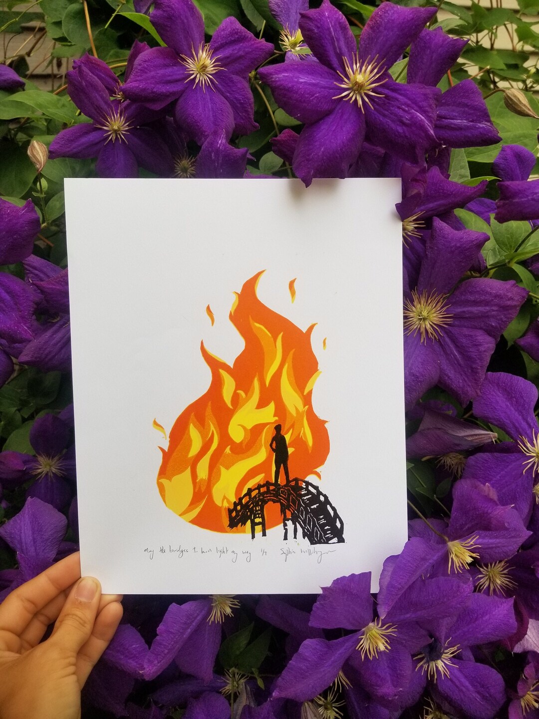 Bridge on Fire // Linoleum Reduction Print - Etsy