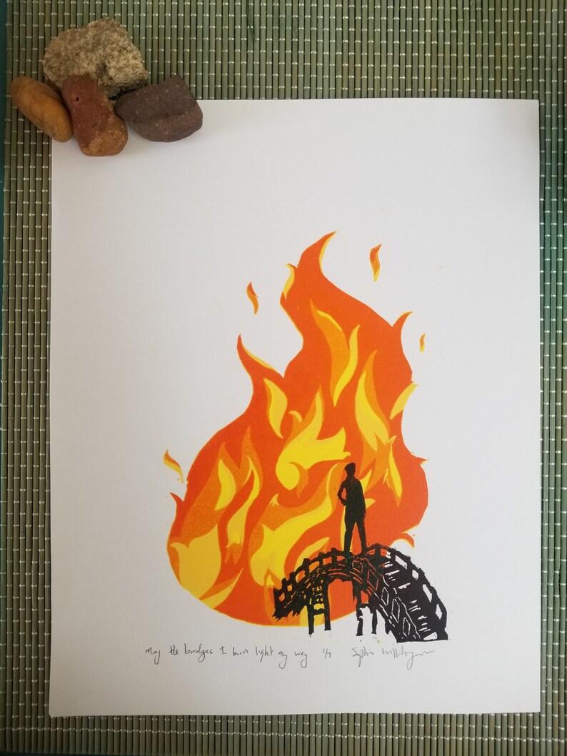 Bridge on Fire // Linoleum Reduction Print - Etsy