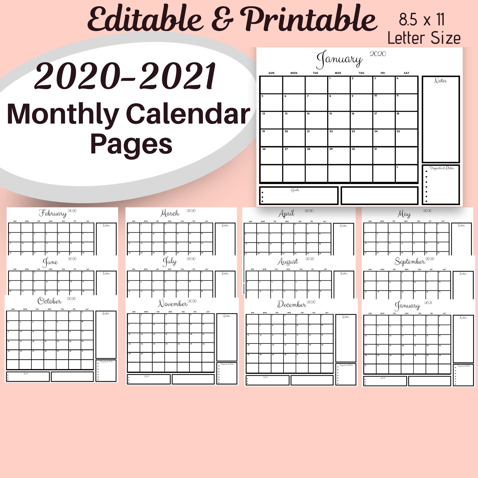 Paper & Party Supplies 2020 Calendar Printable,Monthly Calendar ...