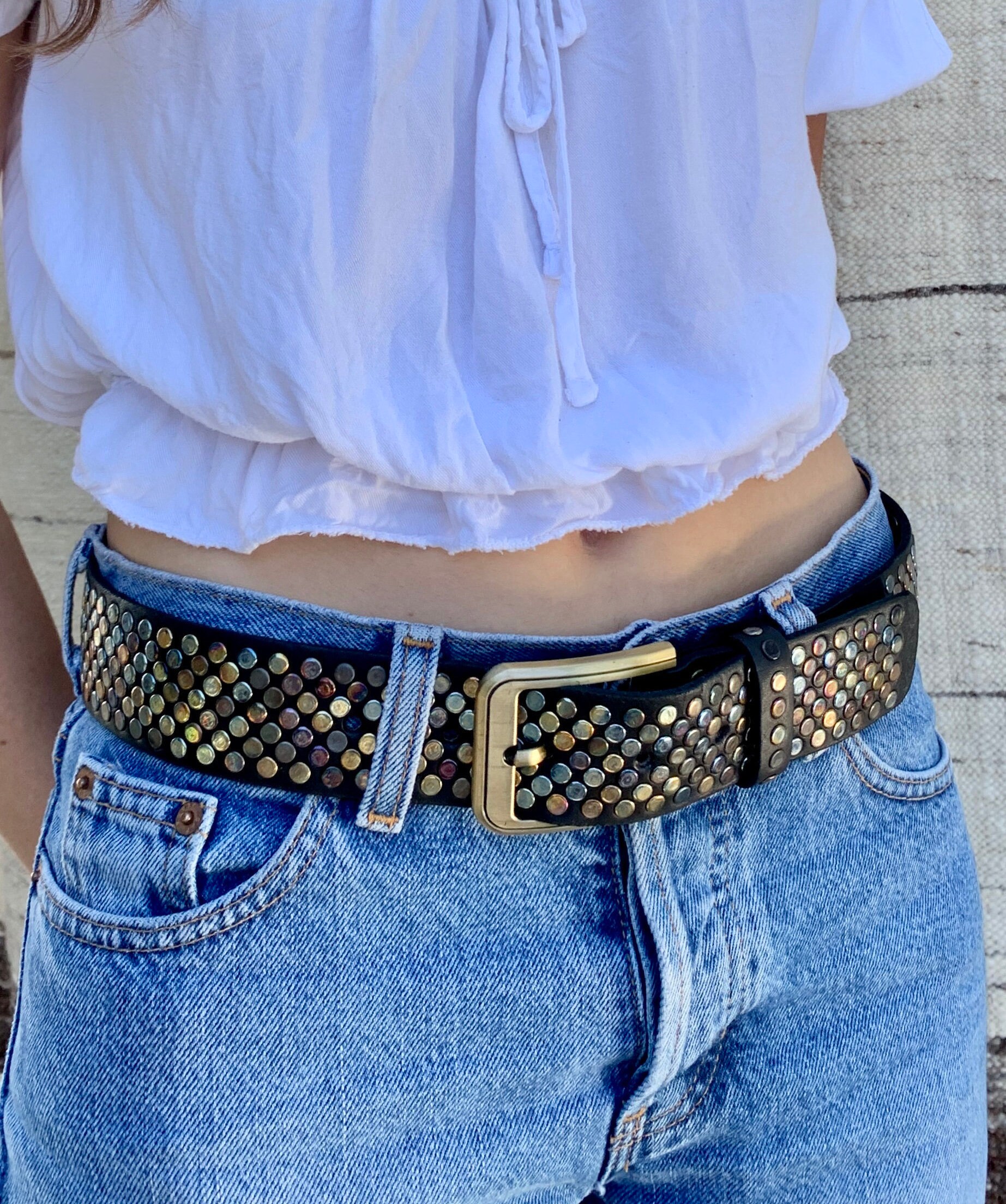 Women Leather Studded Belt Denim Leather belt Multicolor | Etsy