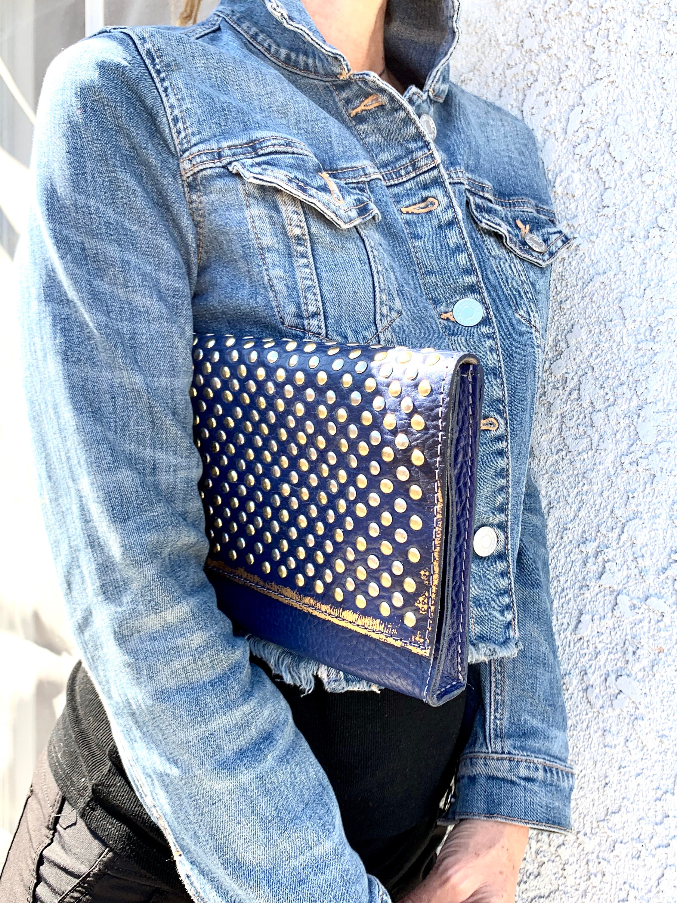 Blue Clutch Studded Leather Clutch Day Clutch Artisanal - Etsy