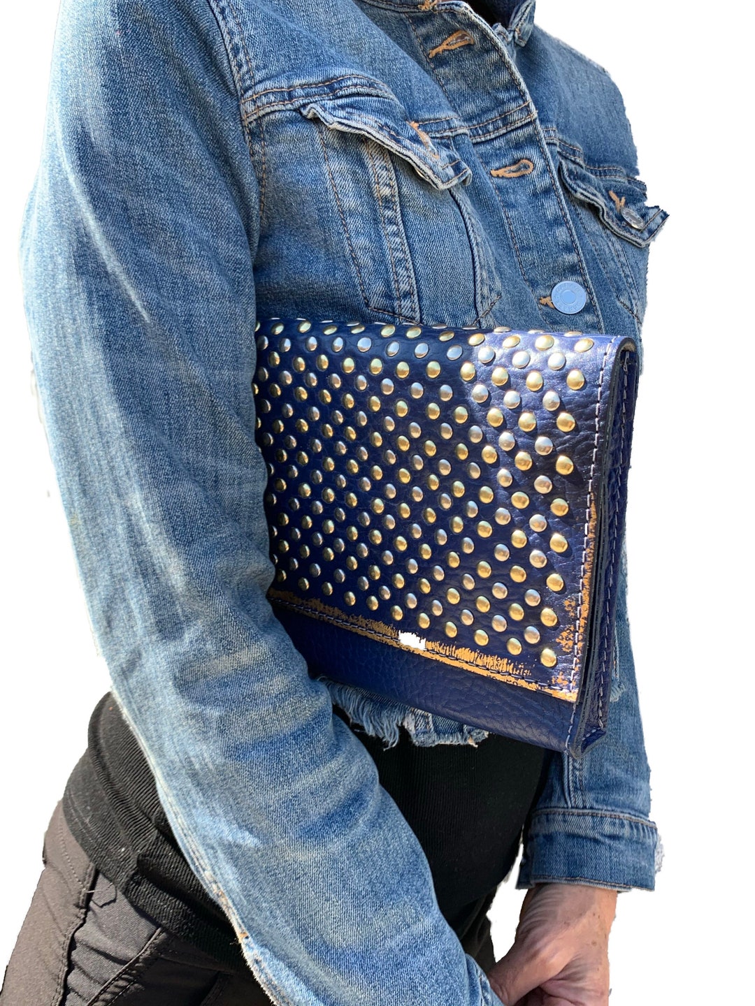 Blue Clutch, Studded Leather Clutch, Day Clutch, Artisanal Leather ...
