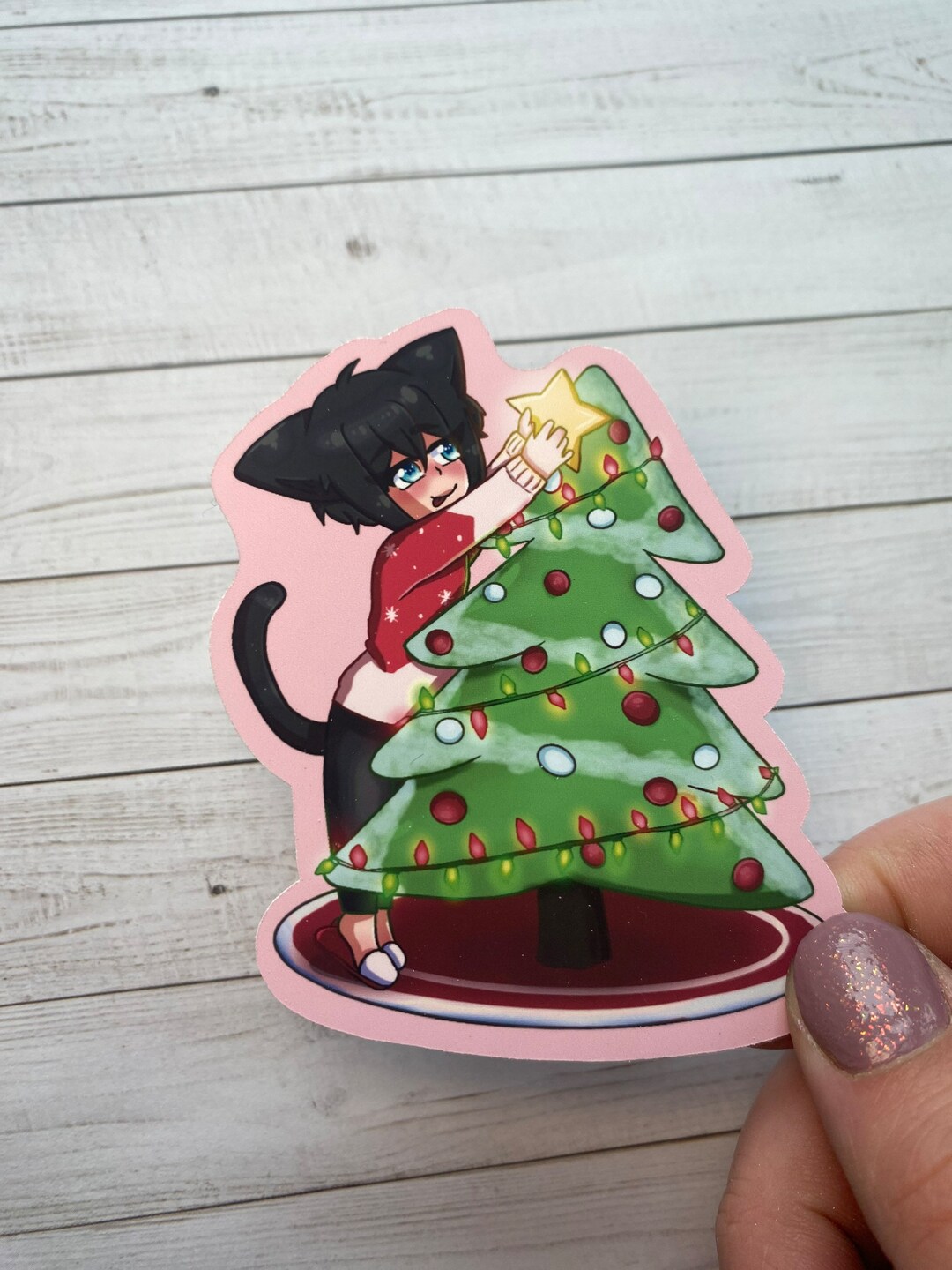 Christmas Catboy Tree Decorating Matte Vinyl Sticker Original Character ...