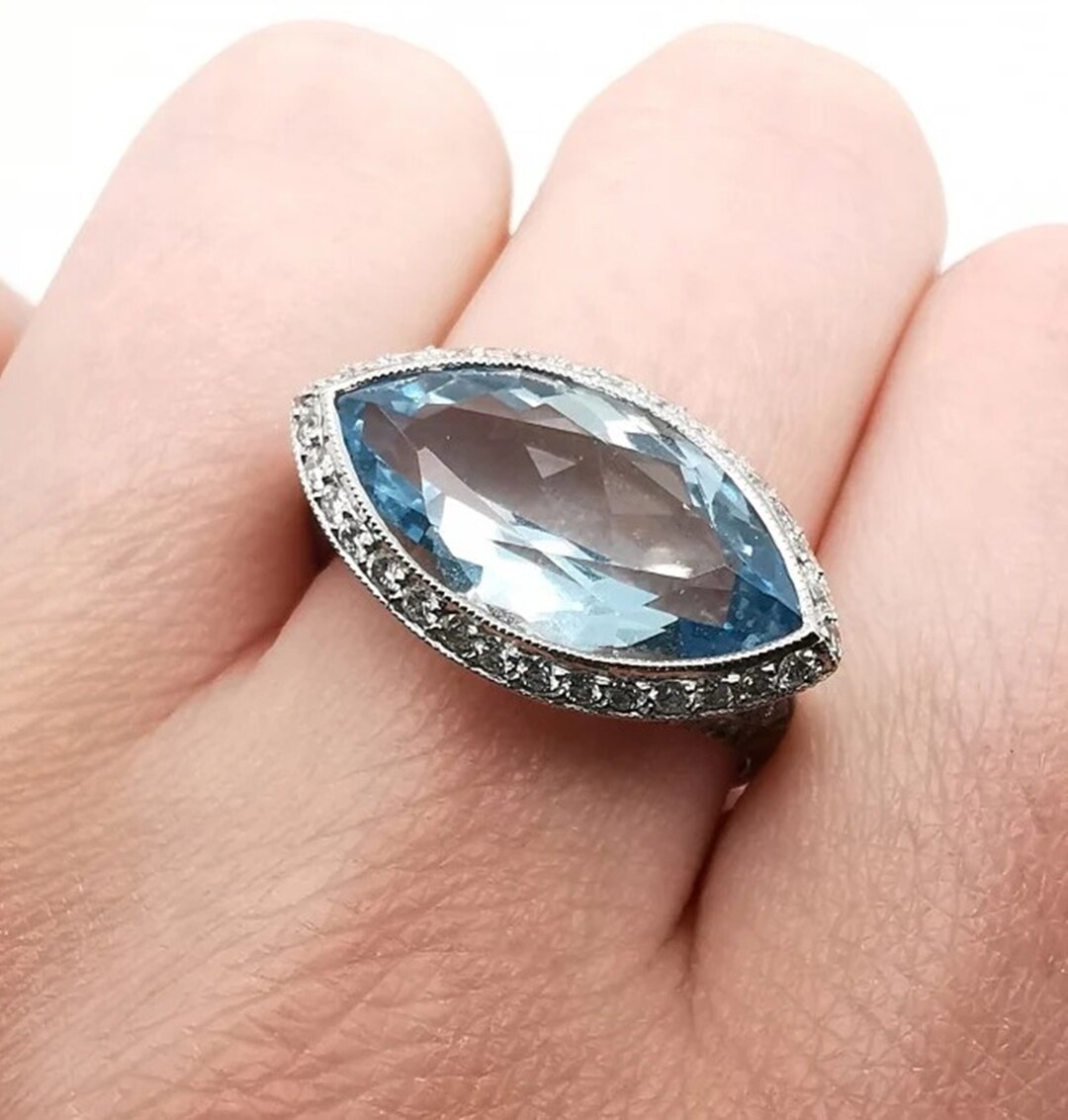 Aqua Horizontal Marquise & Diamond Ring / Victorian Art Deco Ring ...