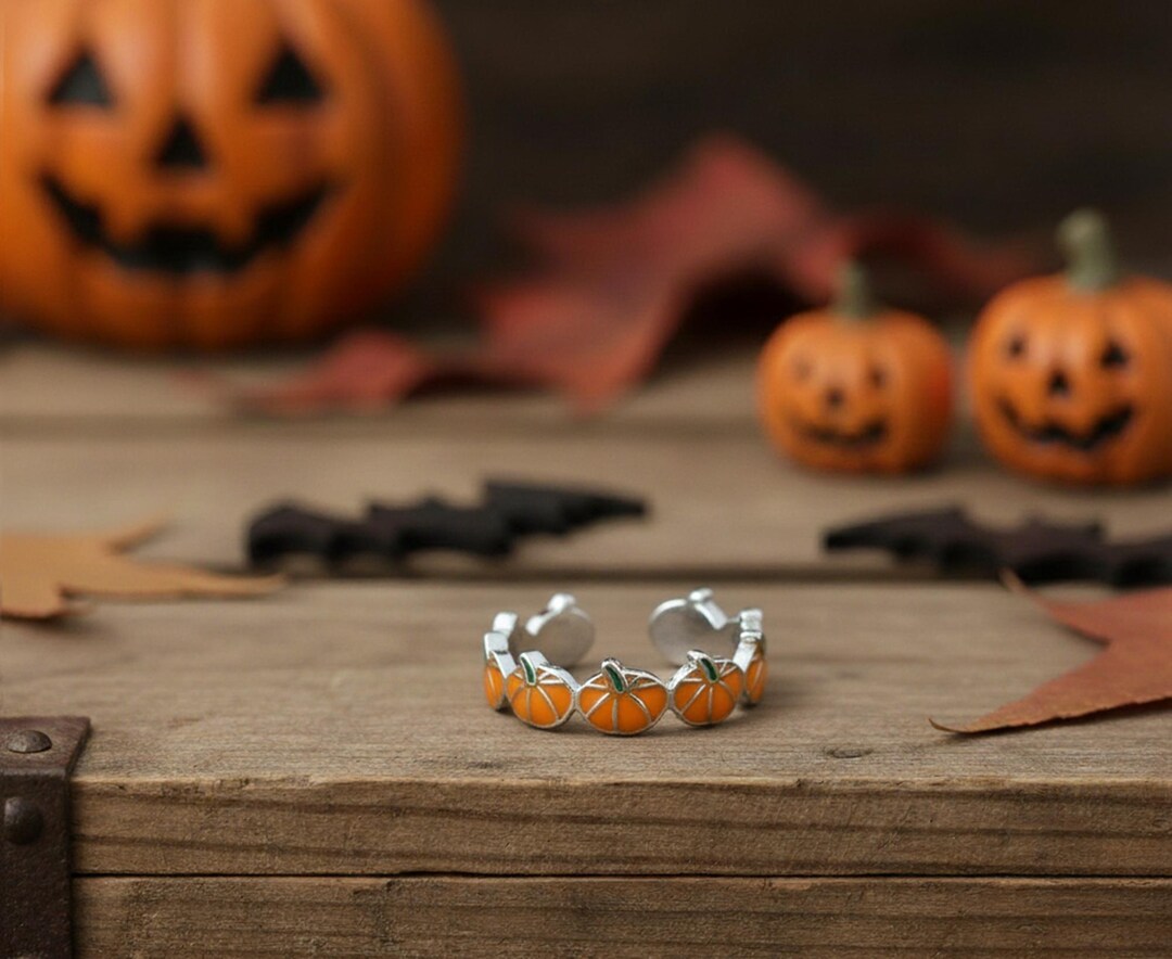 Orange Pumpkin Band Ring, Open Cuff Halloween Ring for Her, Halloween ...