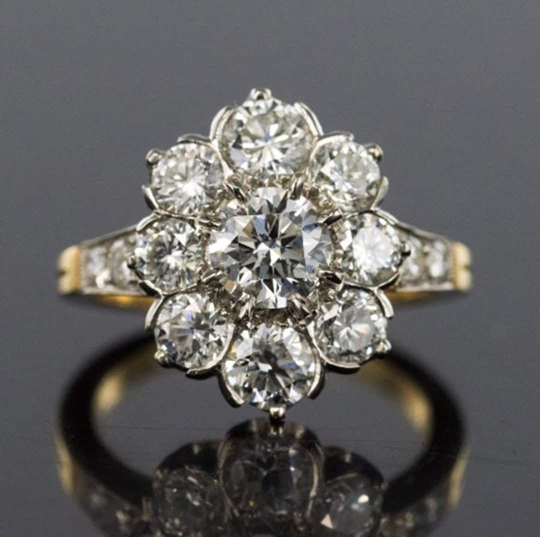 Cluster Set Vintage Yellow Gold Ring, Old European Cut CZ Stone Ring ...
