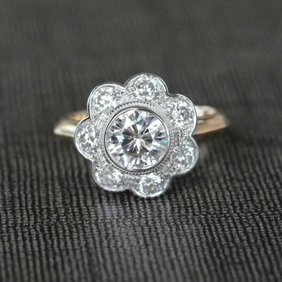 Beautiful Floral Ring, Cluster Set Round CZ Stone Halo Set Ring, Two ...