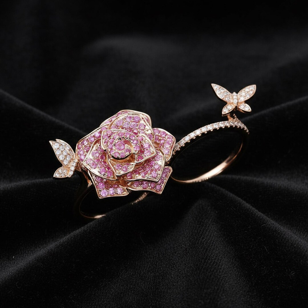Rose Flower With Butterfly Ring, Two Finger Cocktail Ring, Floral Motif ...