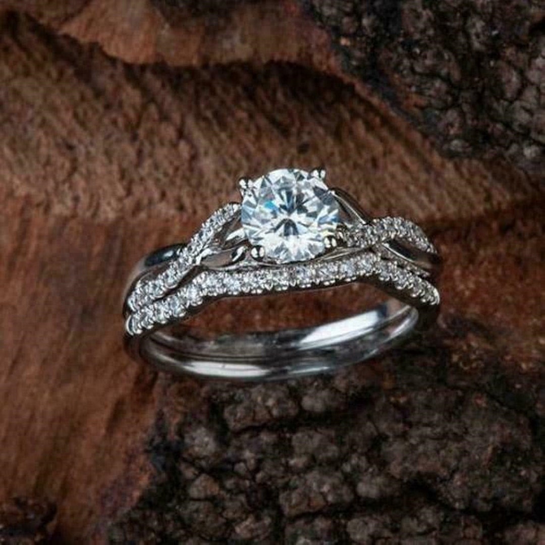 Twisted Round Cut Diamond Ring Set / Engagement Ring Set / Valentine ...
