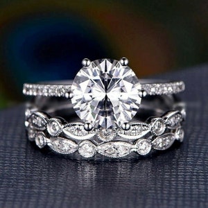 3.38CT Round Cut Diamond Trio Ring Set / Three Piece Diamond Ring Set ...