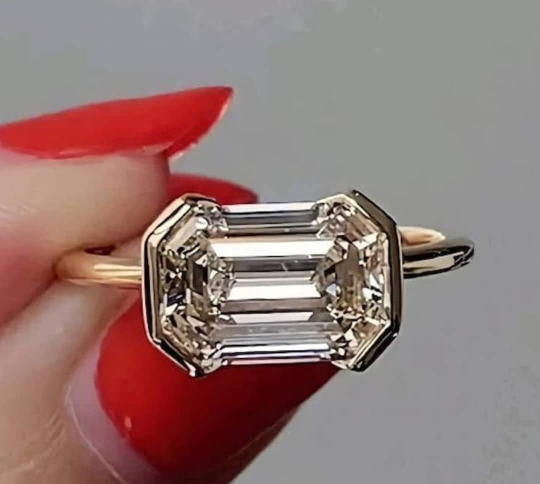 Half Bezel Set Emerald Cut Diamond Ring / 14K Yellow Gold - Etsy