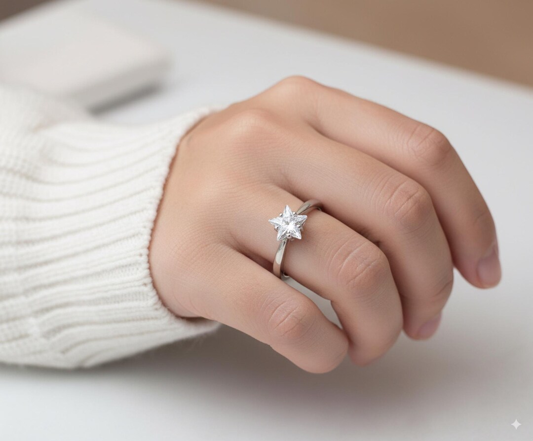 Minimalist STAR Ring, Star Cut CZ Stone Solitaire Ring, Women's Dainty ...