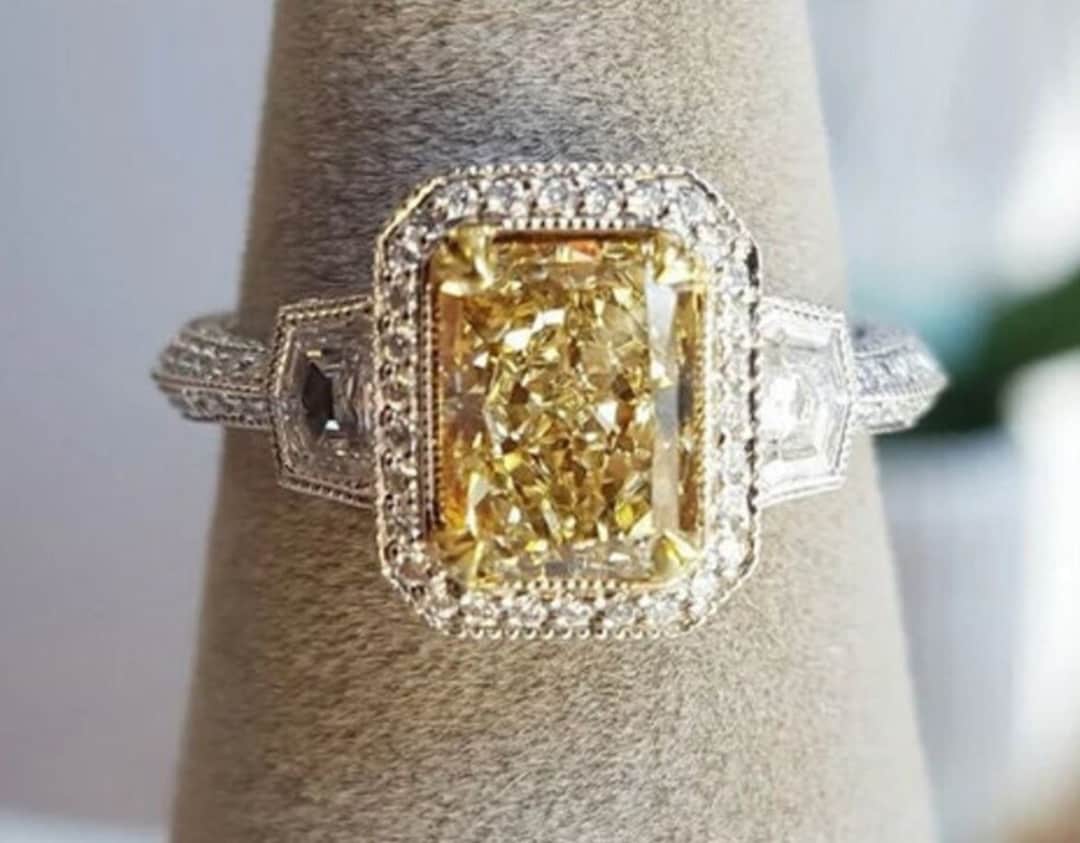 Yellow Sapphire Radiant & Round Cut Diamond Ring / Halo Set Wedding ...