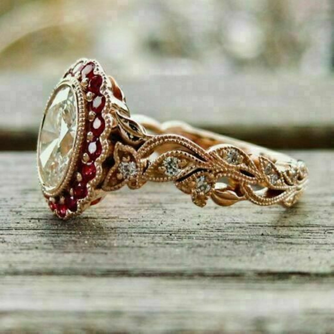 8*6MM Oval With Round Ruby CZ Stone Antique Art Deco Engagement Ring ...