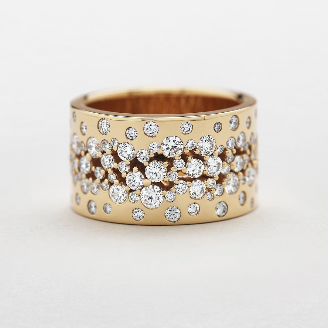 Yellow Gold Cigar Band, Wide Wedding Band, Flush Set Round Cut CZ Stone ...