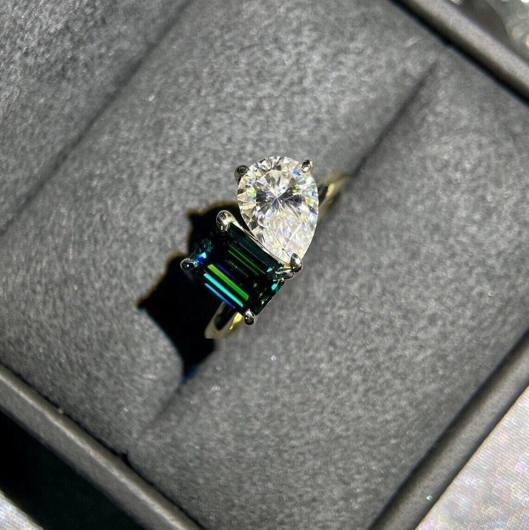 Precious Green Emerald and White Pear Diamond Toi Et Moi Ring / You ...